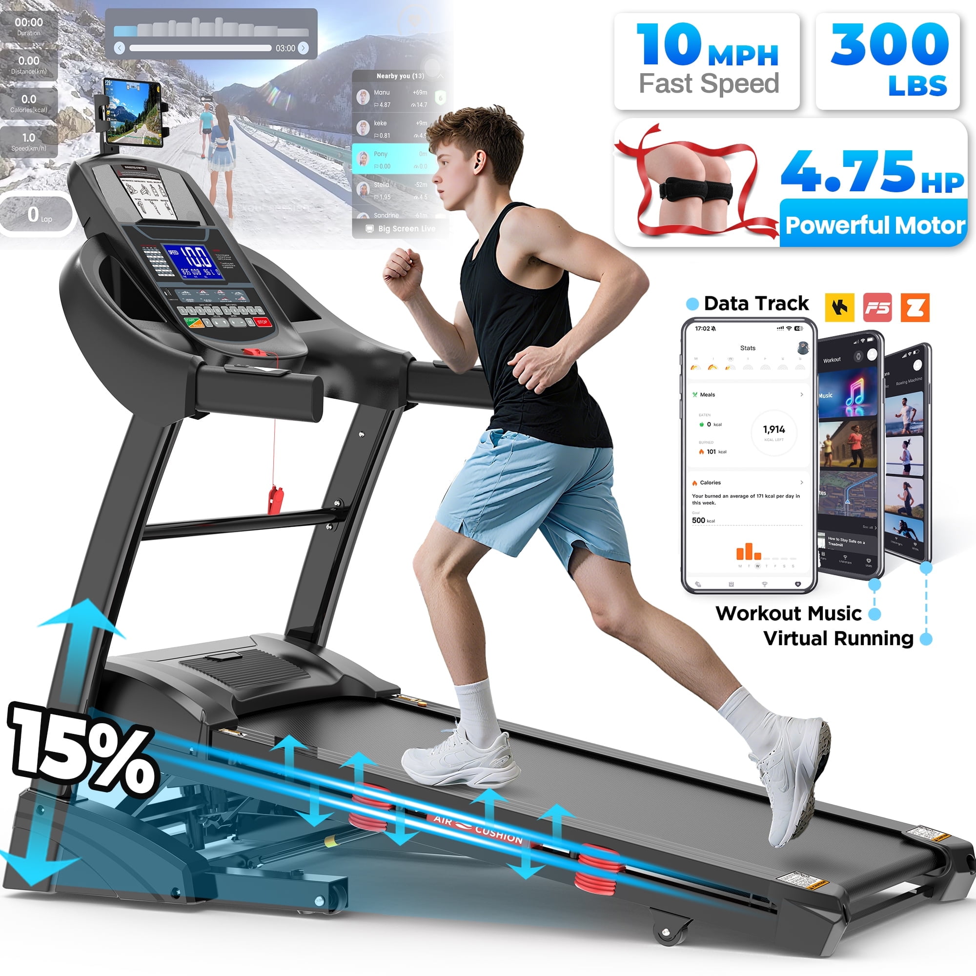 15% Auto Incline Treadmill 4.75HP, 300LB Treadmill for Home, Foldable ...