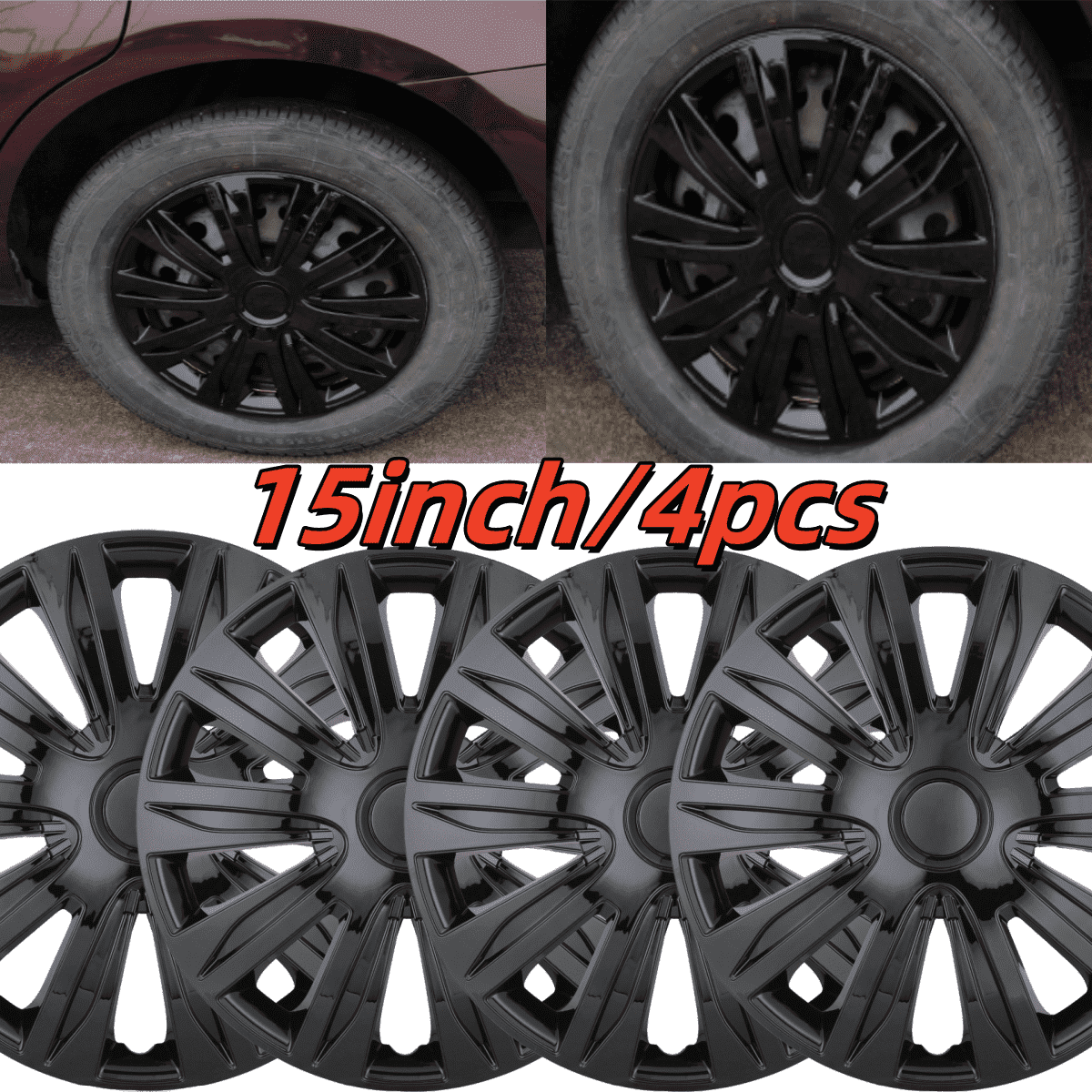15" Black Hubcaps/Wheel Covers for Most Cars,Set Of 4 Snap On Car Truck ...