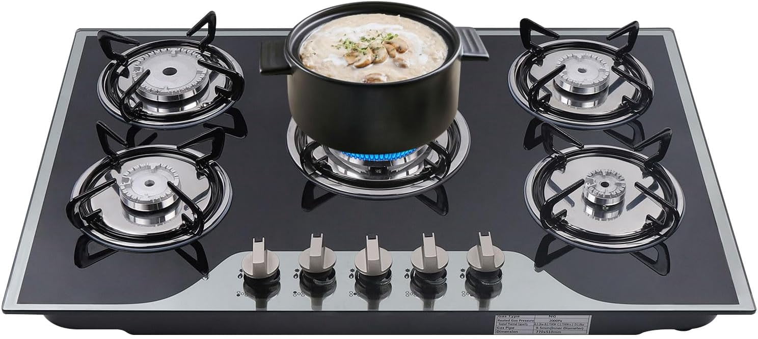 15‘’ Black Tempered Glass Panel Built-in LPG Gas Hob Cooktop Portable 5 ...