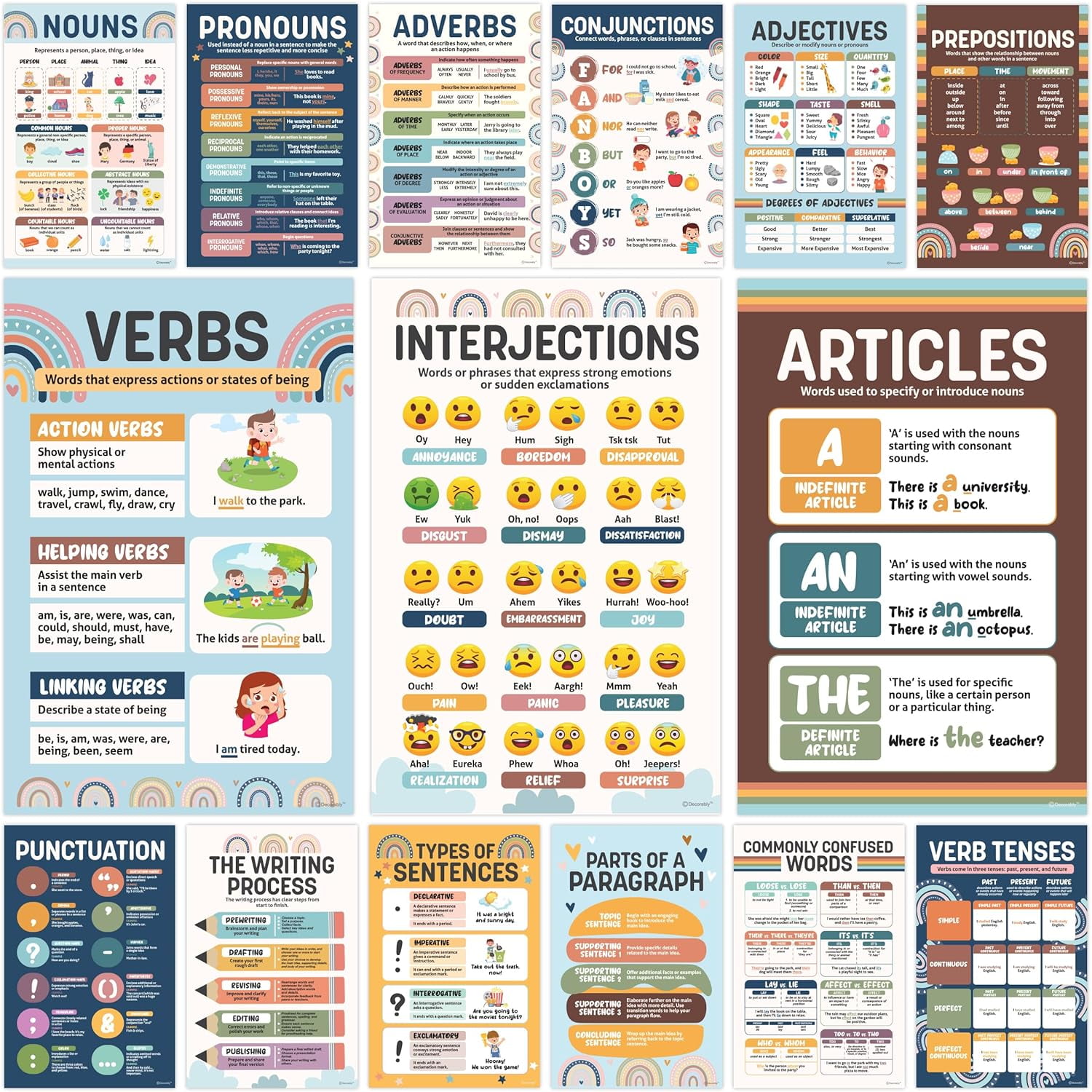 15 Boho Rainbow Parts of Speech Posters for Middle School, 11x17in ...