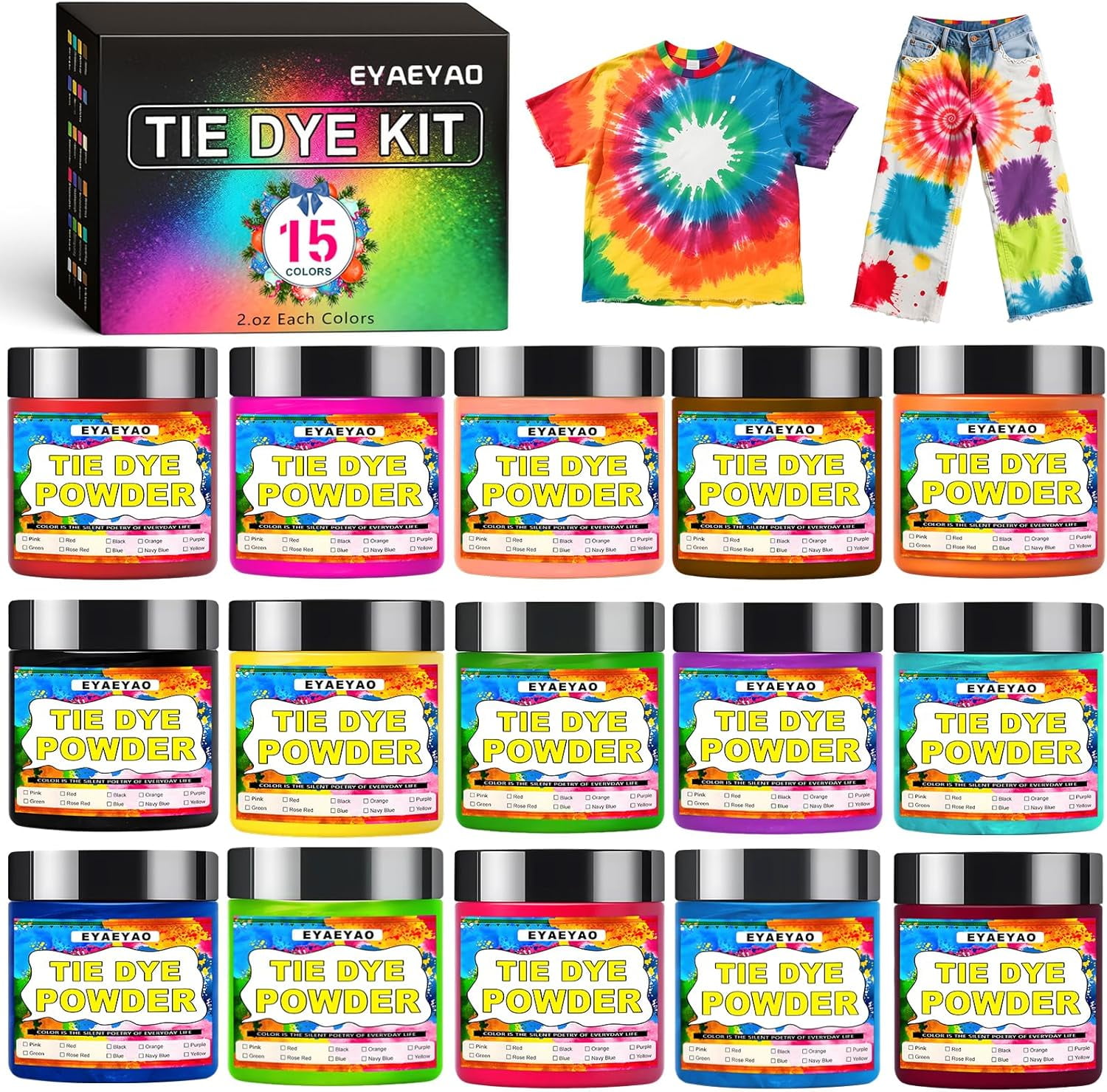 15-Color Tie Dye Powder (2oz Each) | Non-Toxic Permanent Fabric Dye for ...