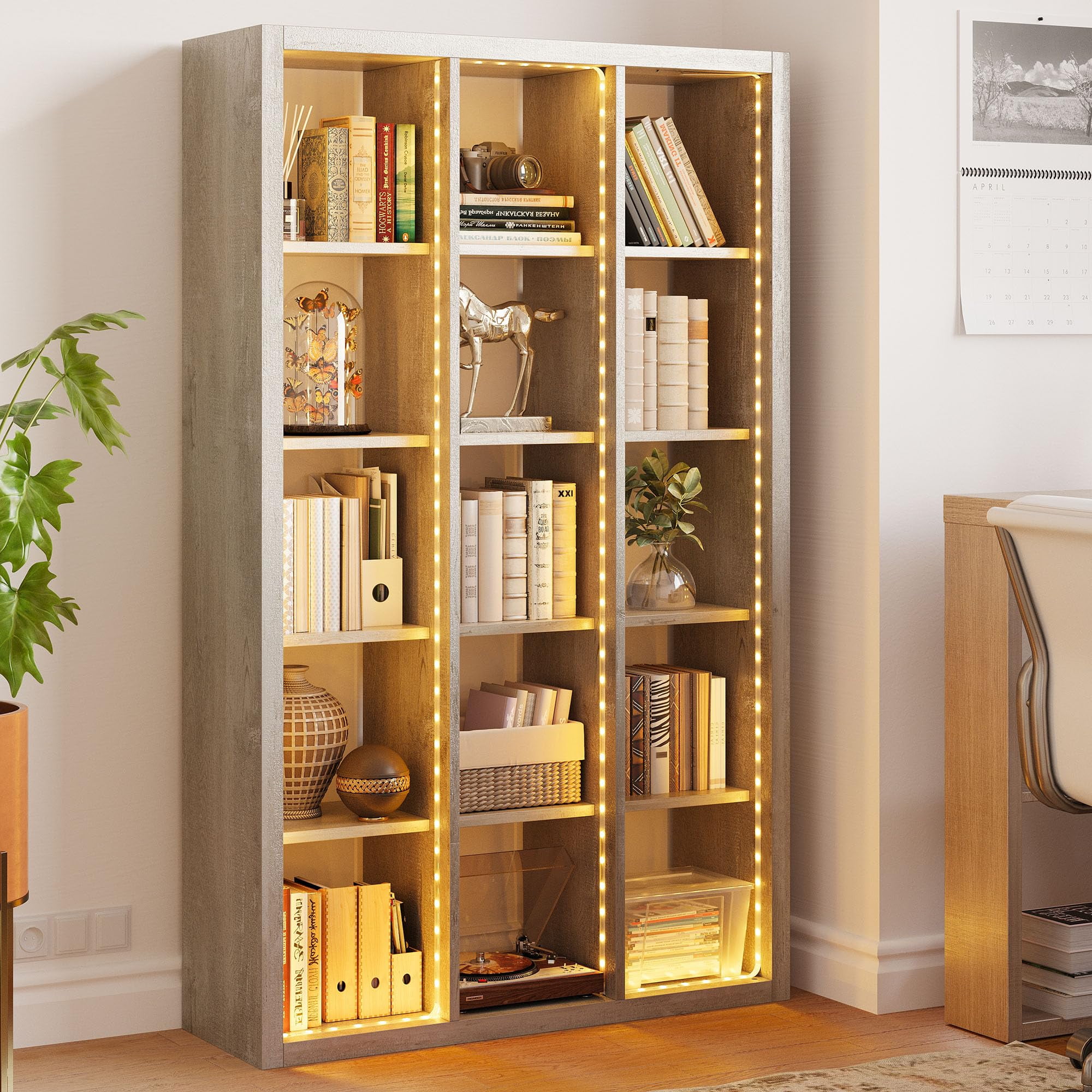 15 Cube Contemporary Bookcase Organizer with LED Lights, 5 Tier Shelf ...
