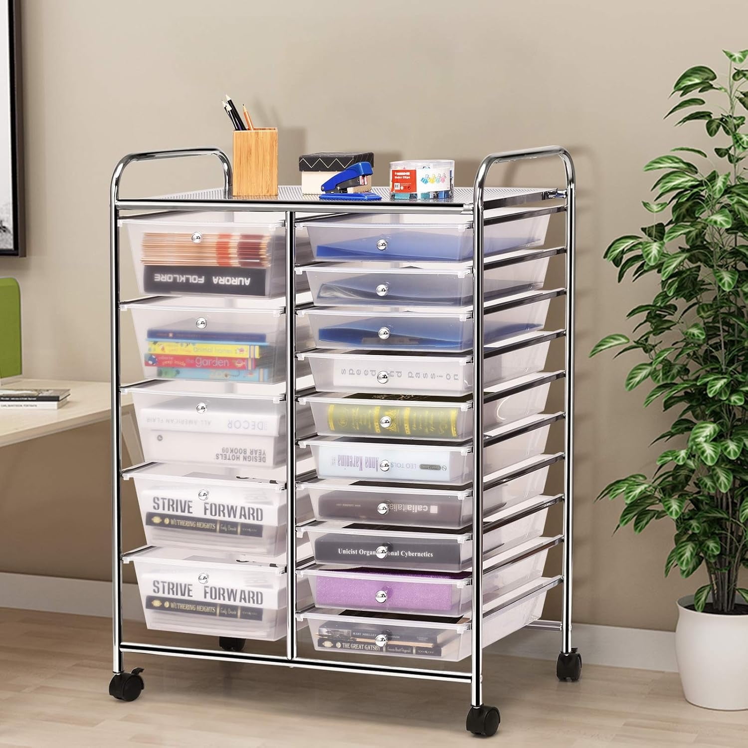 15 Drawers Rolling Cart Mobile Utility Cart Organizer for School Office ...