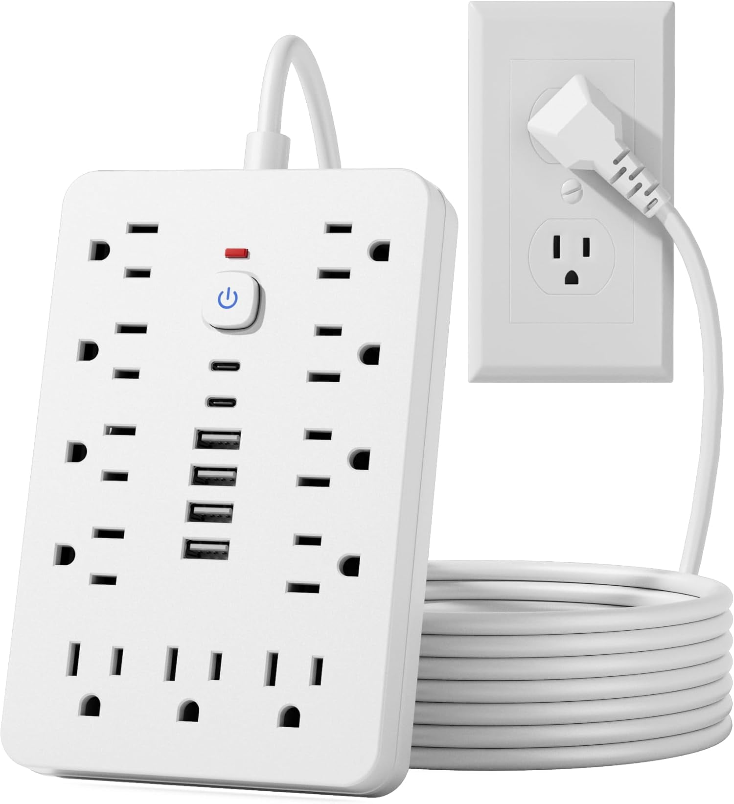 15 FT Flat Plug Surge Protector Power Strip,11 Multiple AC Outlets with ...