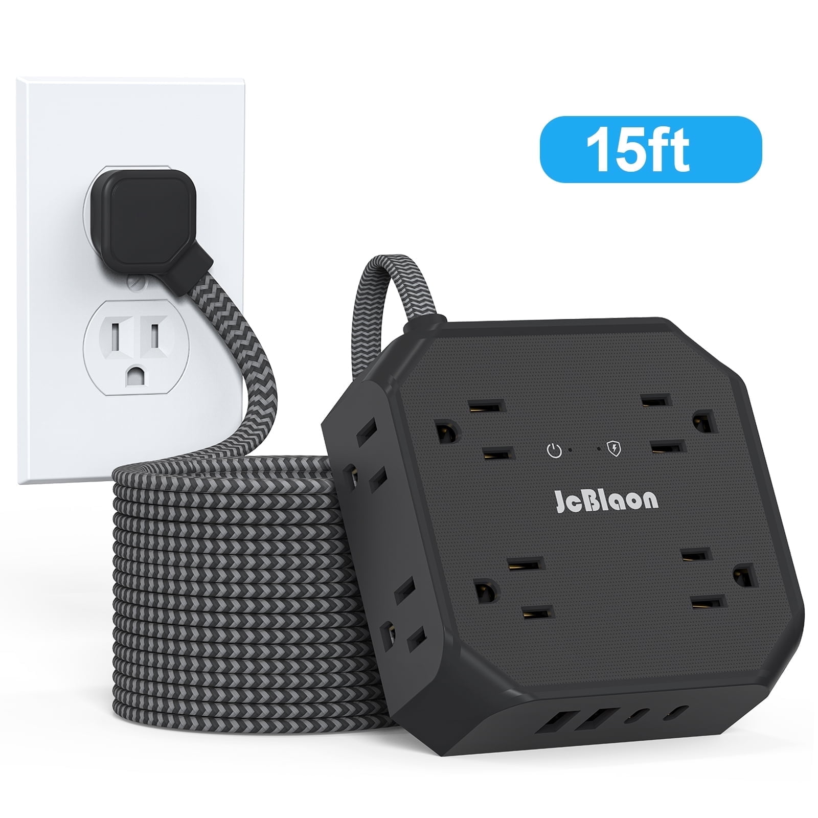 15 FT Long Extension Braidede Cord Surge Protector Power Strip with 8 ...