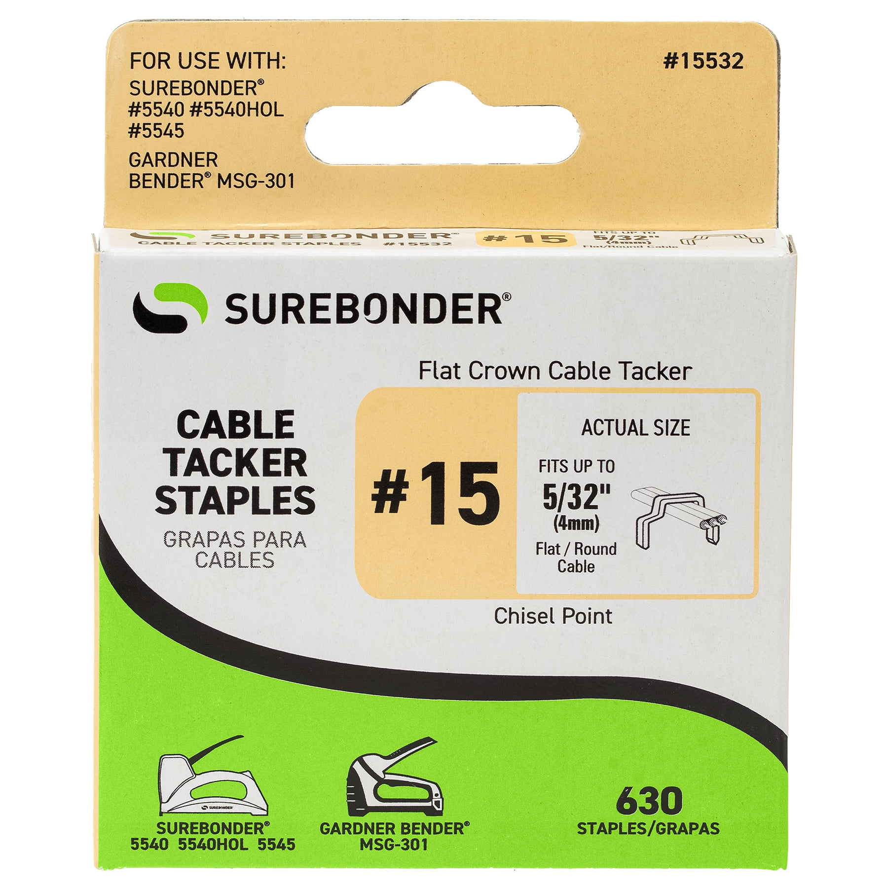 Surebonder, Flat Crown Cable Tacker Staples, 15, 630 ct - Walmart.com