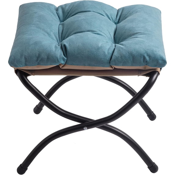 15" Foldable Foot Stool Ottoman with Frame - Washable Blue Upholstered ...