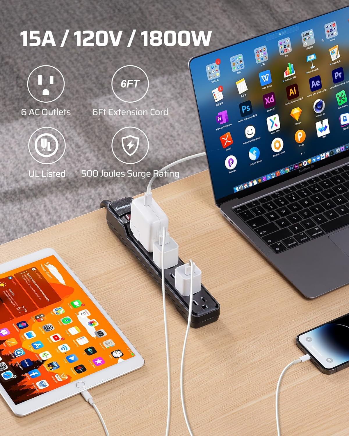 15 Foot Long Power Strip, 6-Outlet Power Strip 15FT, 15 Amp Circuit ...