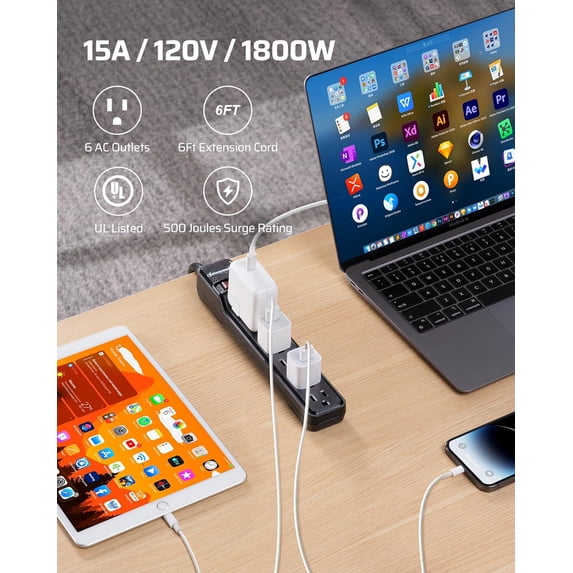 15 Foot Long Power Strip, 6-Outlet Power Strip 15FT, 15 Amp Circuit ...