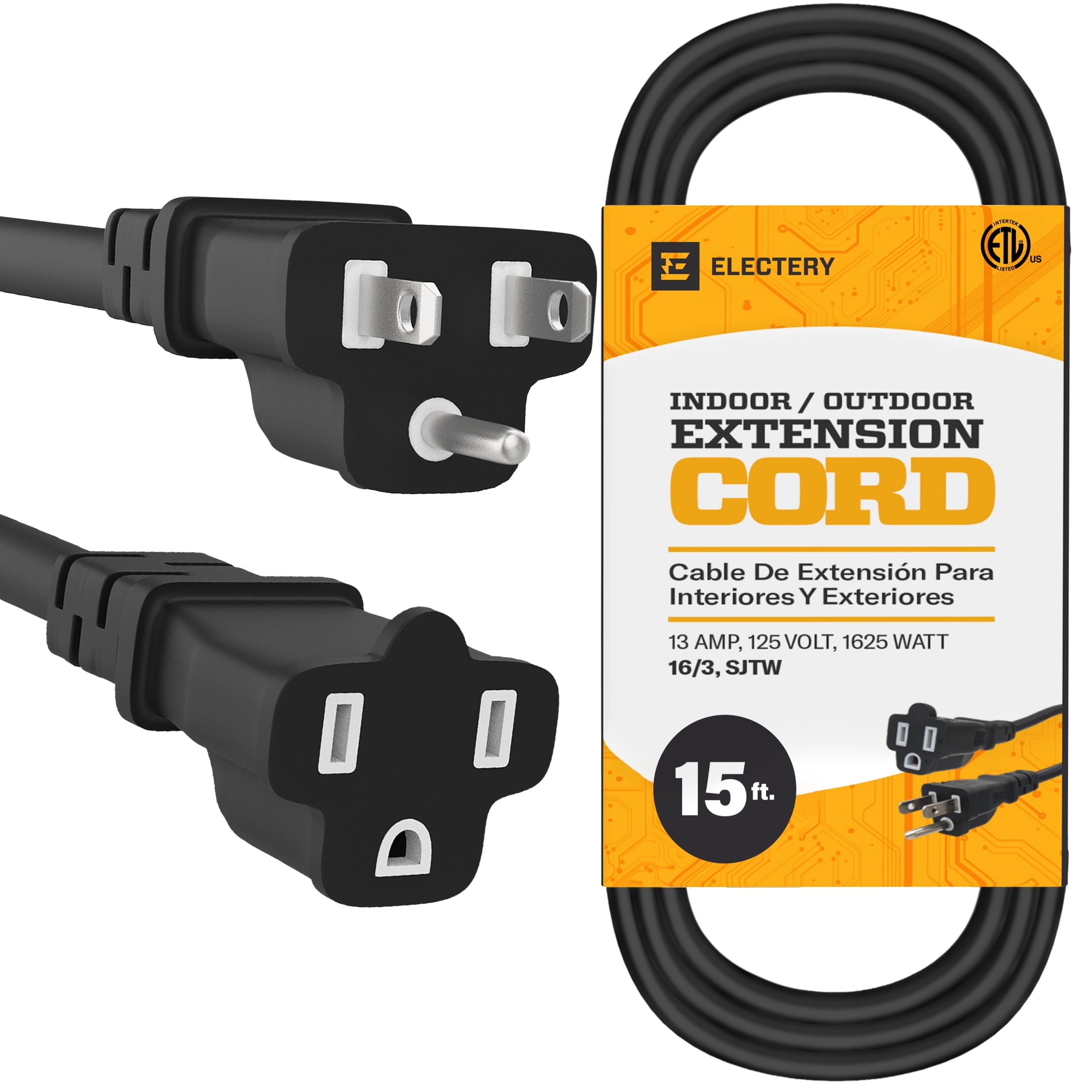 15 Ft Black Indoor Outdoor Extension Cord, Heavy Duty Flexible 16 AWG ...