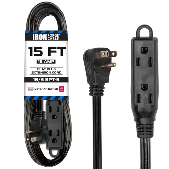 Iron Forge Cable 15 ft Flat Plug Black Extension Cord with 3 Outlets ...