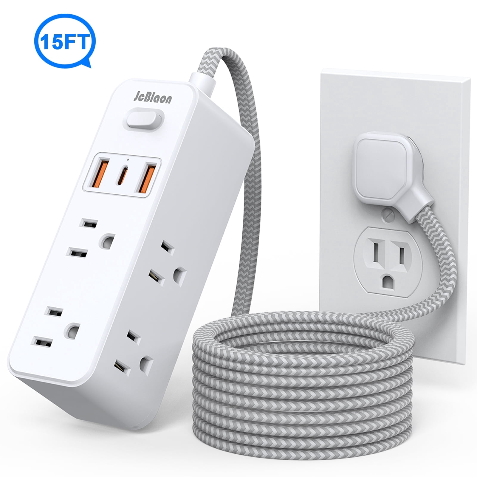 15 Ft Long Braided Power Cord Surge Protector Power Strip, Ultra Thin ...