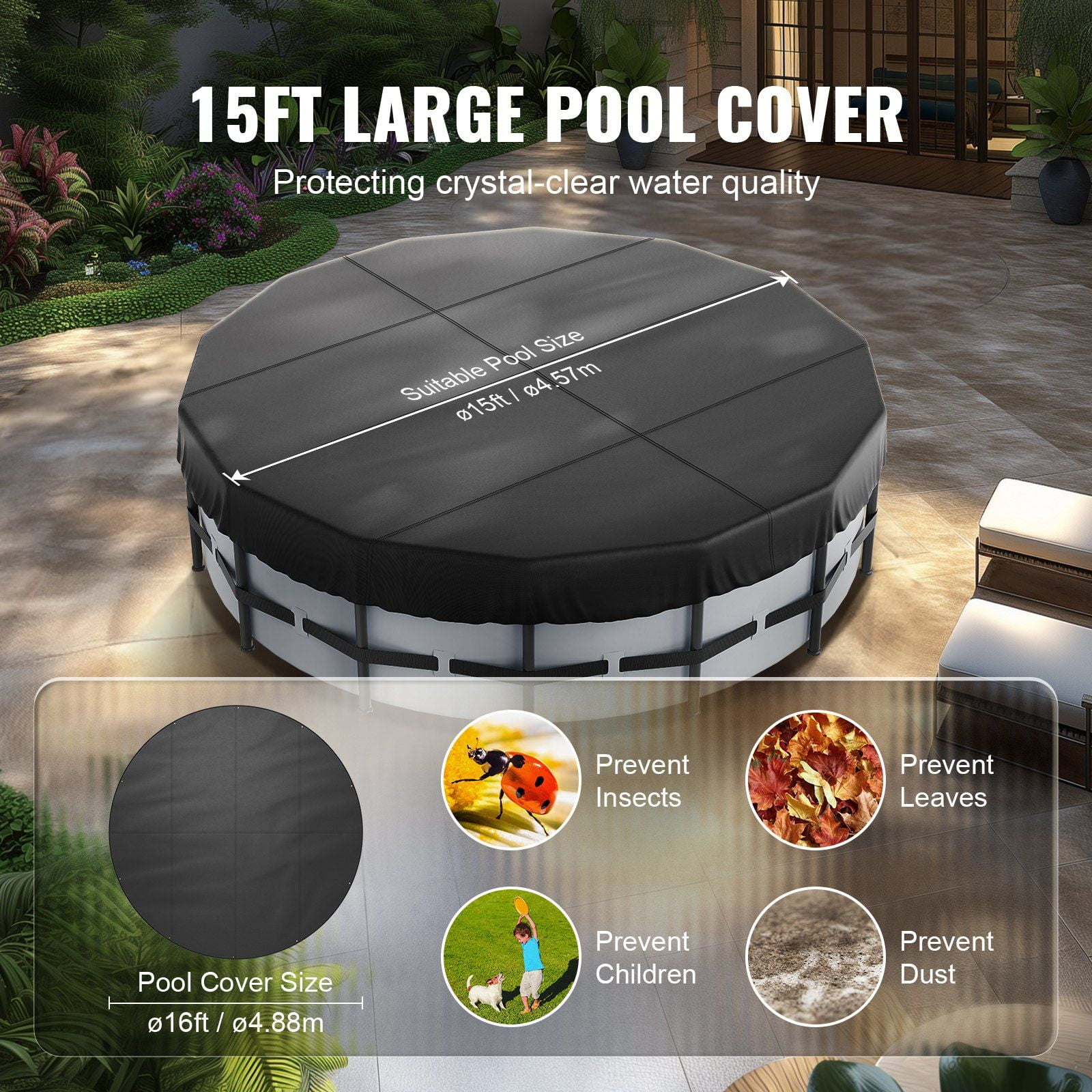 15 Ft Round Waterproof Pool Cover, Solar Cover for Above Ground Pools ...