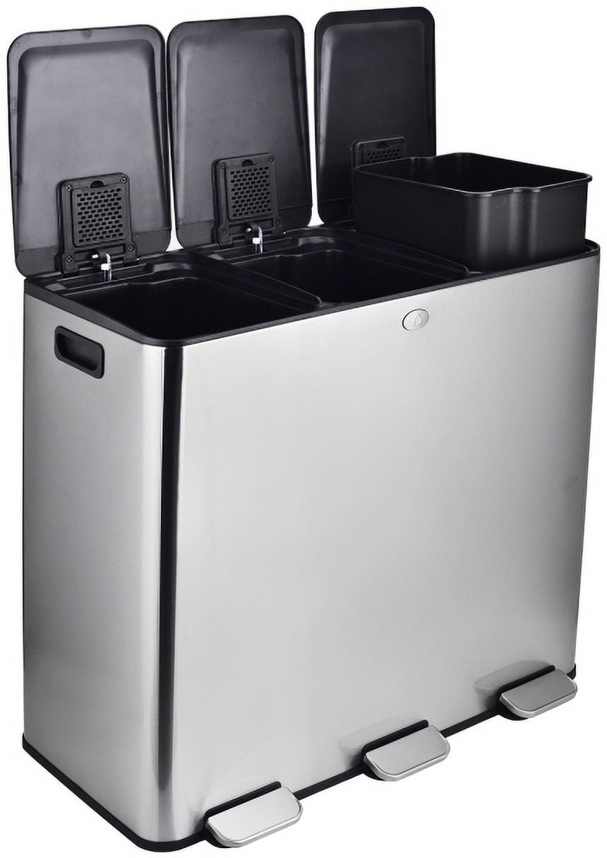 15 Gallon Foot Pedal Trash Can, 3-Compartment Stainless Steel Trash ...
