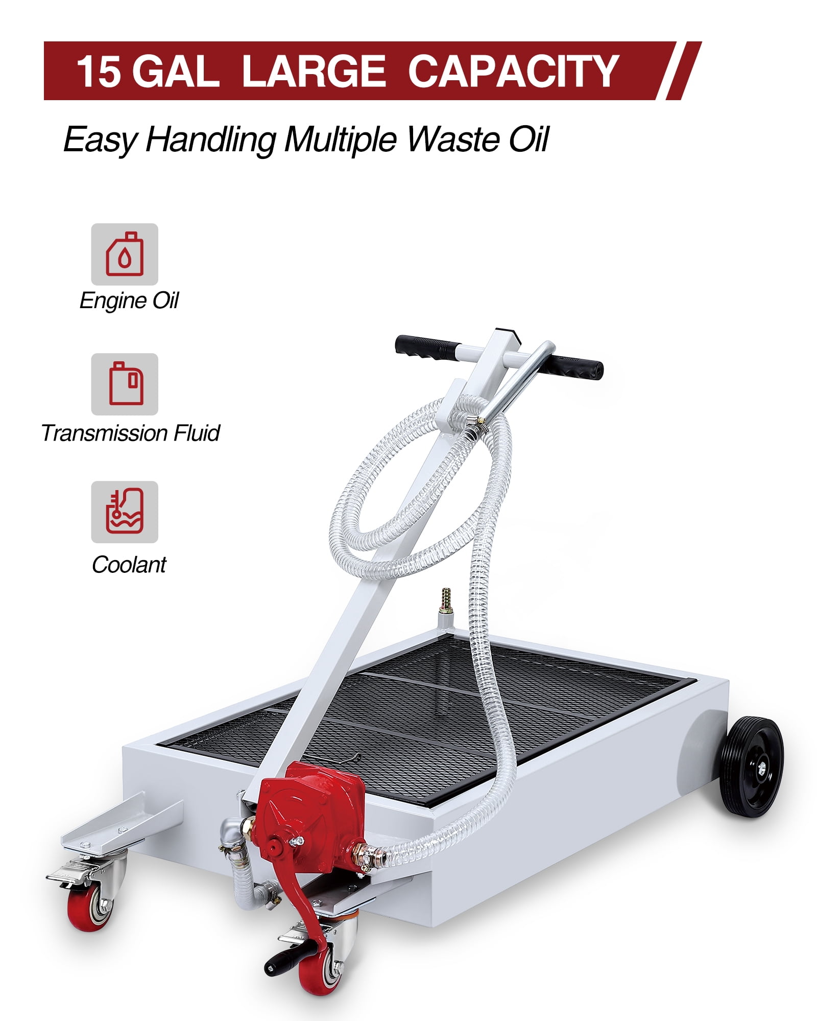 15 Gallon Oil Drain Pan with Pump & 8 Ft Hose, T Folding Handle & Low ...