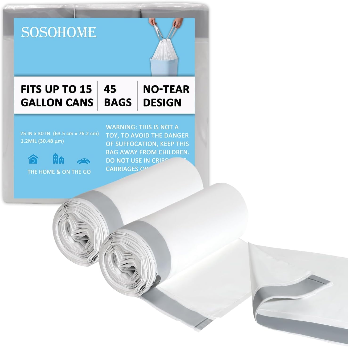 15 Gallon Tall Kitchen Trash Bags Drawstring - 1.2 Mil Thick White ...