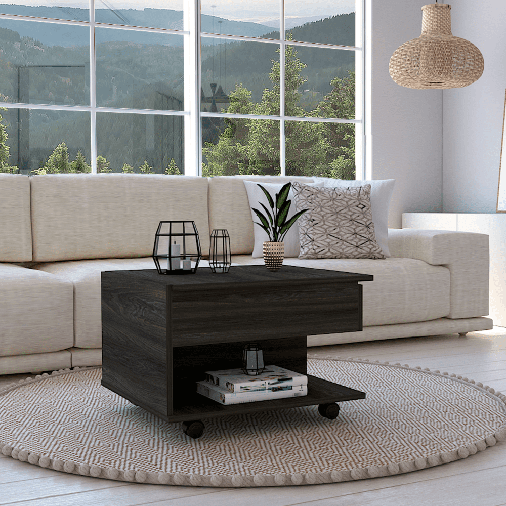 15" H Carbon Espresso Coffee Table, 4 Brake Wheels, Lifting Top That Allows Storage Inside The ...
