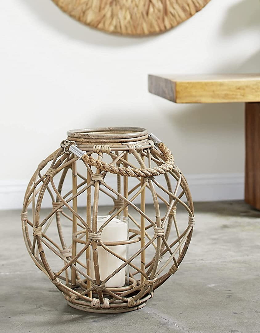 15"H Rustic Farmhouse Brown Woven Rattan Candle Lantern with Jute Rope ...