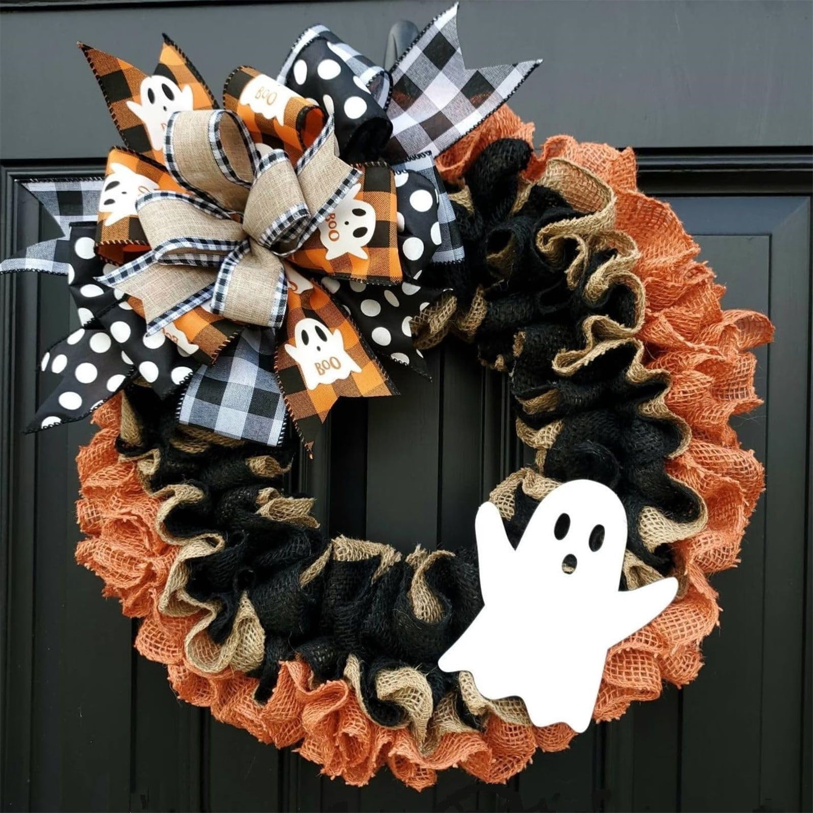 15" Halloween Boo Ghost Wreath for Front Door - Farmhouse Burlap Wreath ...