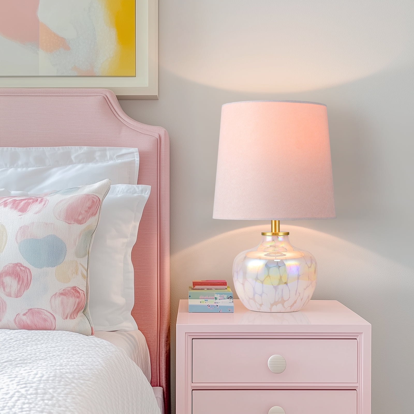 15" Hand-Blown Glass Table Lamp, Blush Pink Velvet Shade, Mesmerizing ...