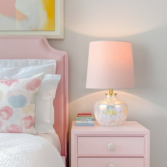 15" Hand-Blown Glass Table Lamp, Blush Pink Velvet Shade, Mesmerizing ...