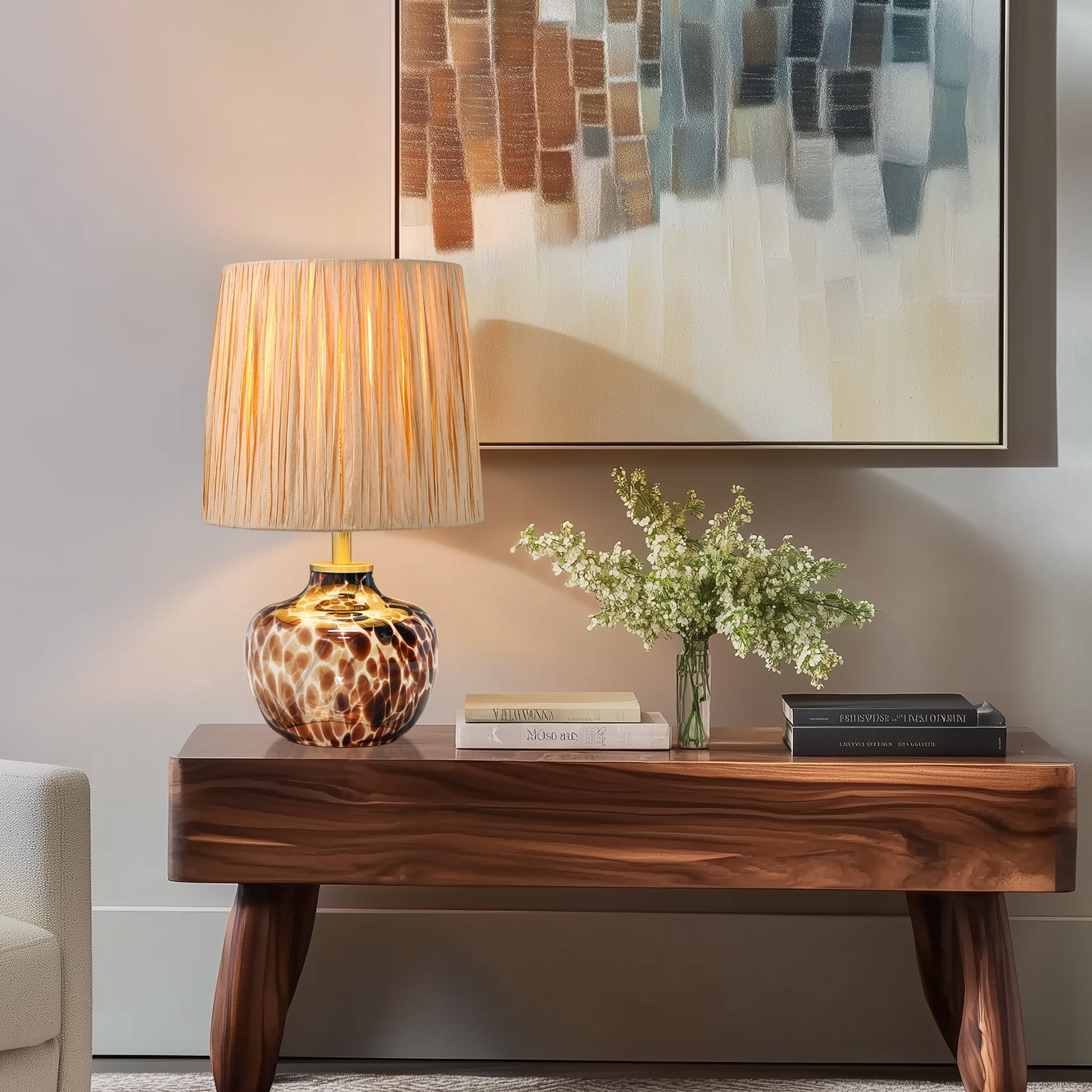 15" Hand-Blown Glass Table Lamp, Woven Raffia Shade, Mesmerizing ...