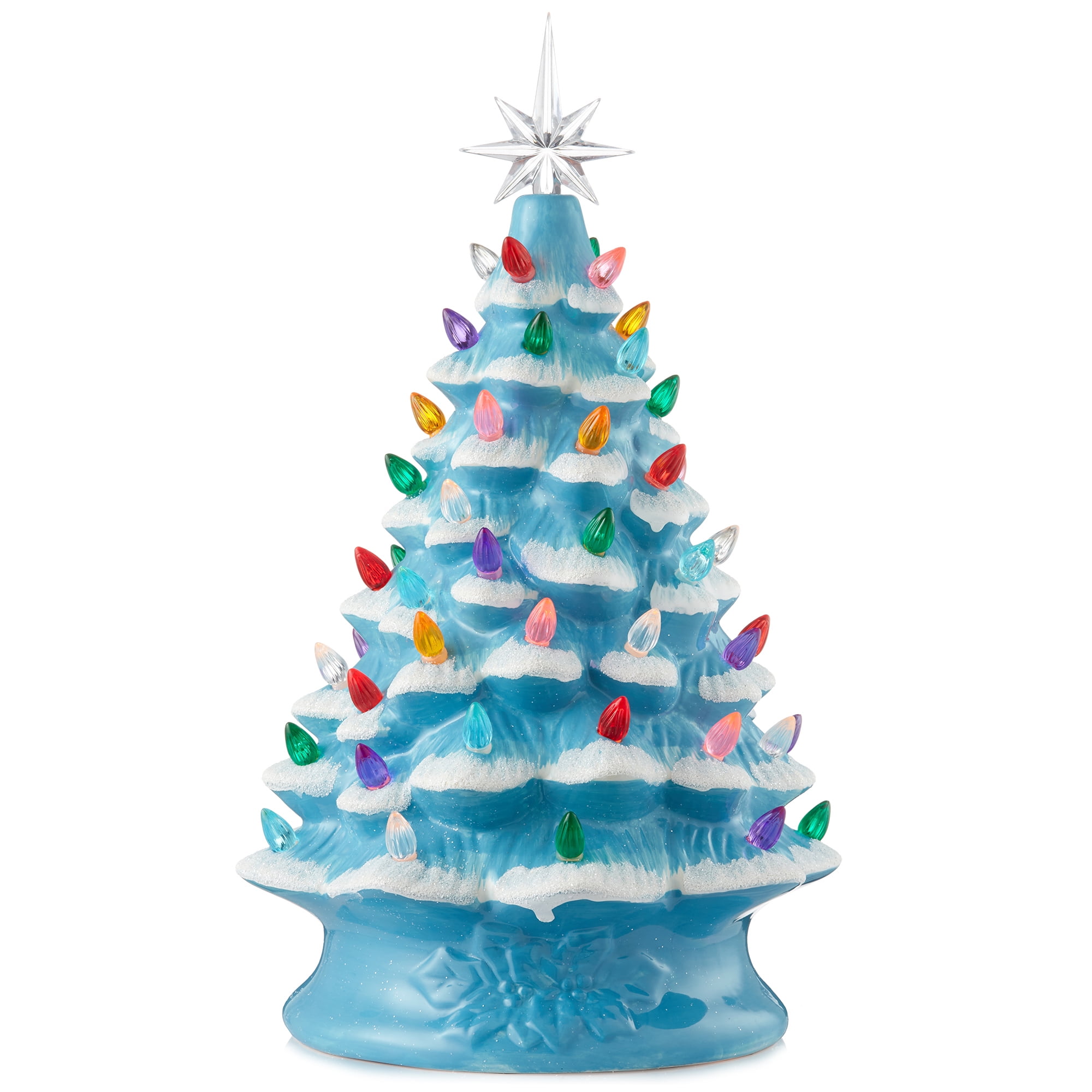 15" Hand Painted Ceramic Christmas Tree, Blue Snow Flocked Pre-Lit Tree ...