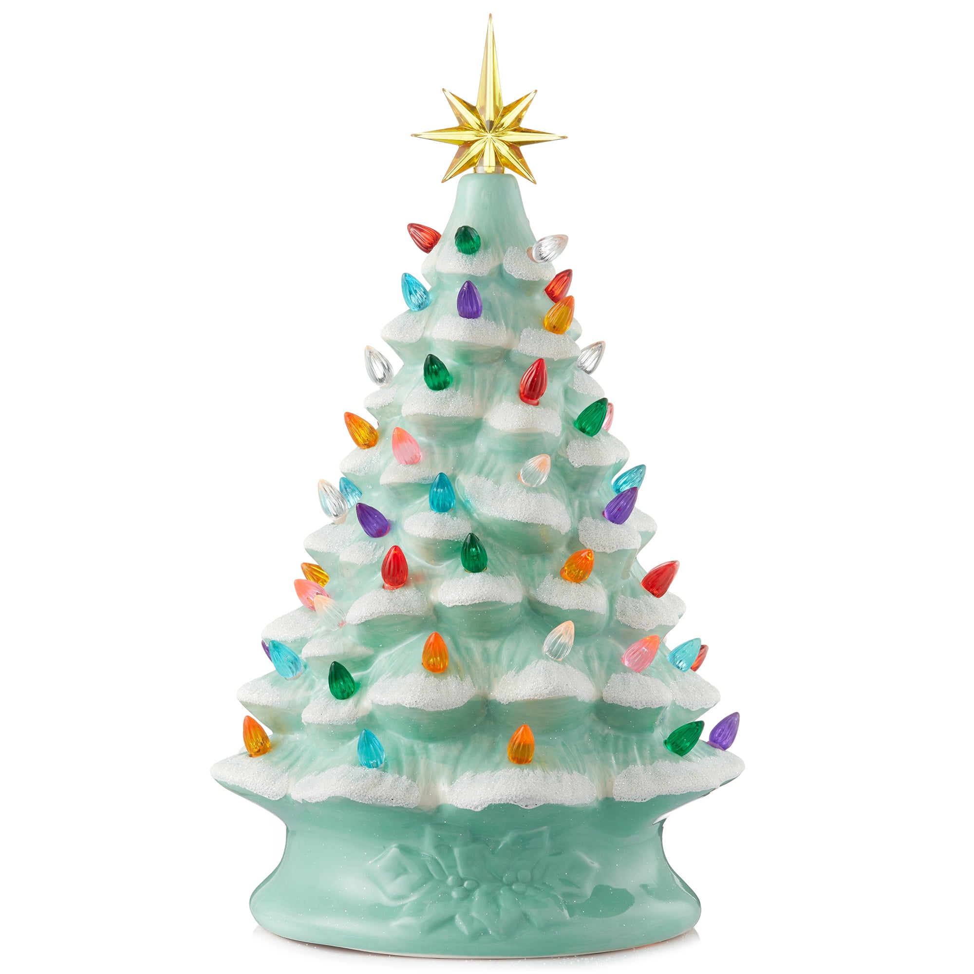 15" Hand Painted Ceramic Christmas Tree, Seafoam Snow Flocked Pre-Lit ...