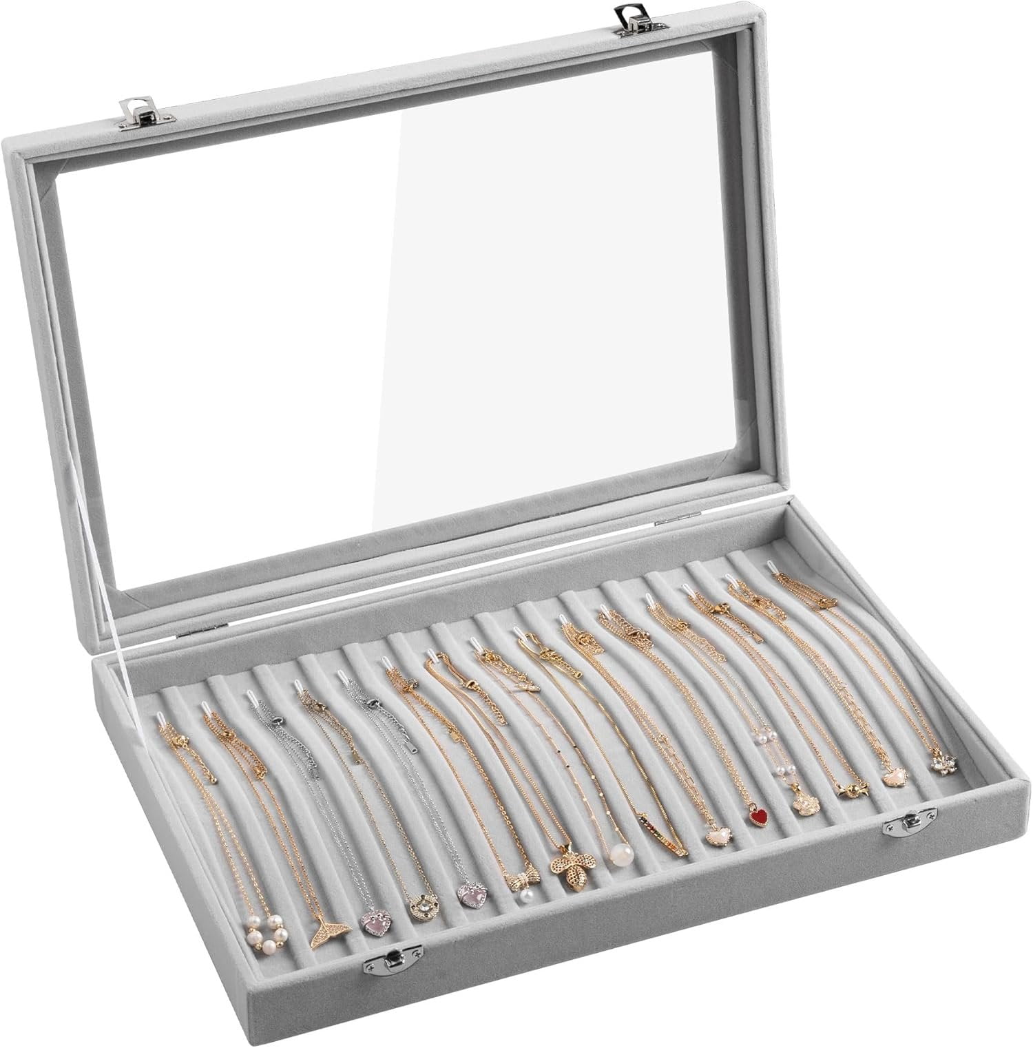 15 Hooks Necklace Tray Neckalce Organizer with Clear Lid Lockable ...