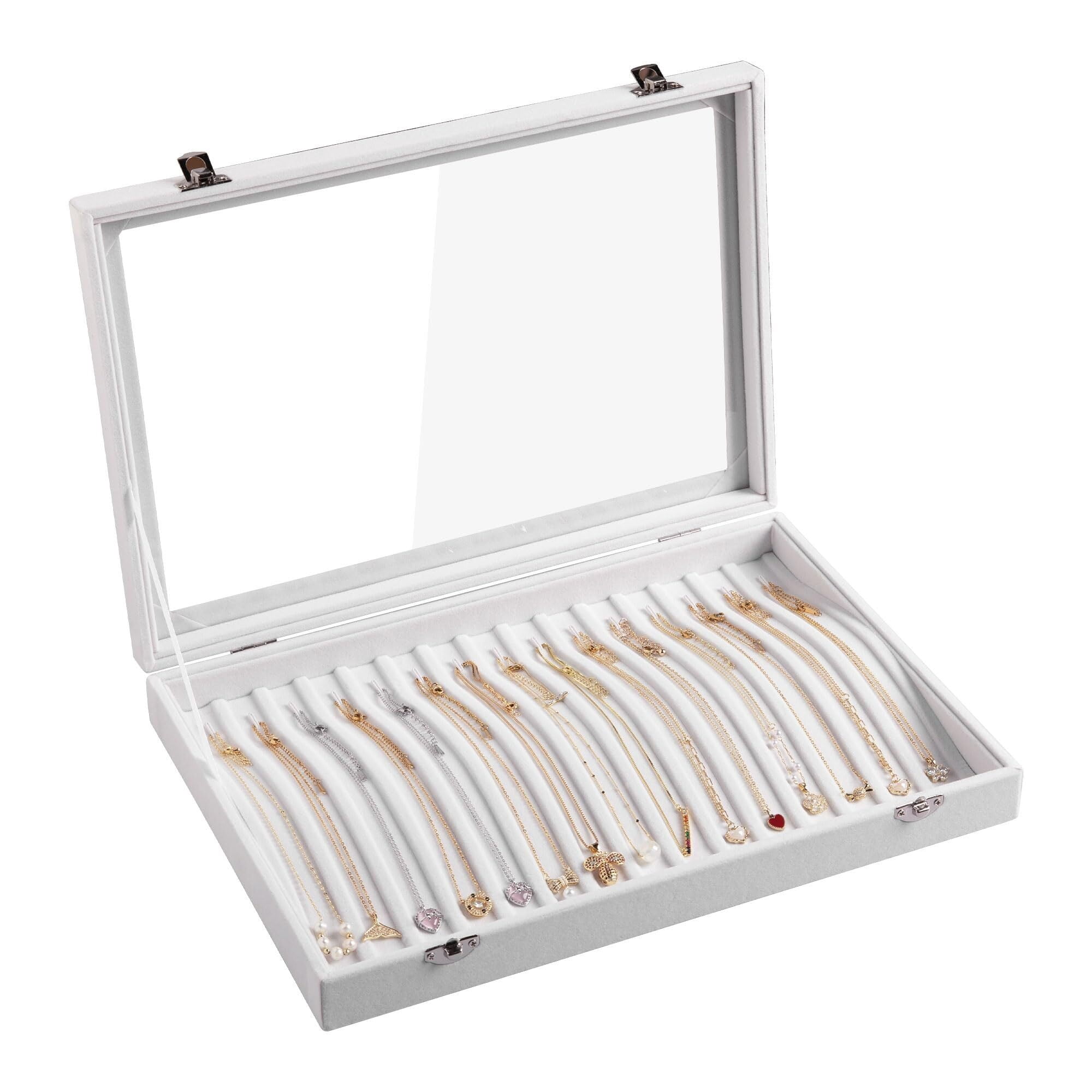 15 Hooks Necklace Tray Velvet Neckalce Organizer with Clear Lid ...
