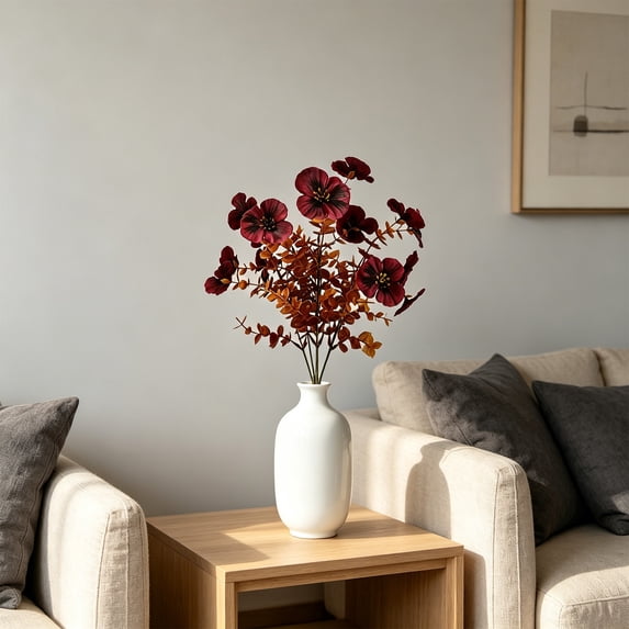 15-Inch Autumn Artificial Pansy and Eucalyptus Foliage Stem, Realistic ...