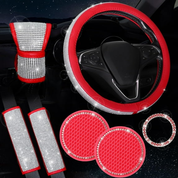 15 Inch Bling Diamond Steering Wheel Cover Set with Seat Belt Pad ...