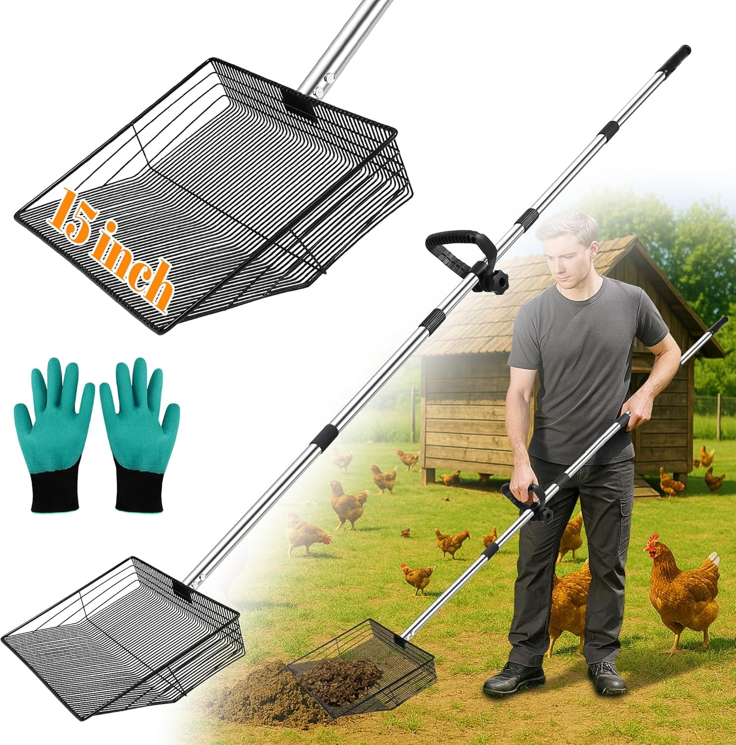15 Inch Extra Large Chicken Poop Scooper, 37" to 76" Long Stainless ...