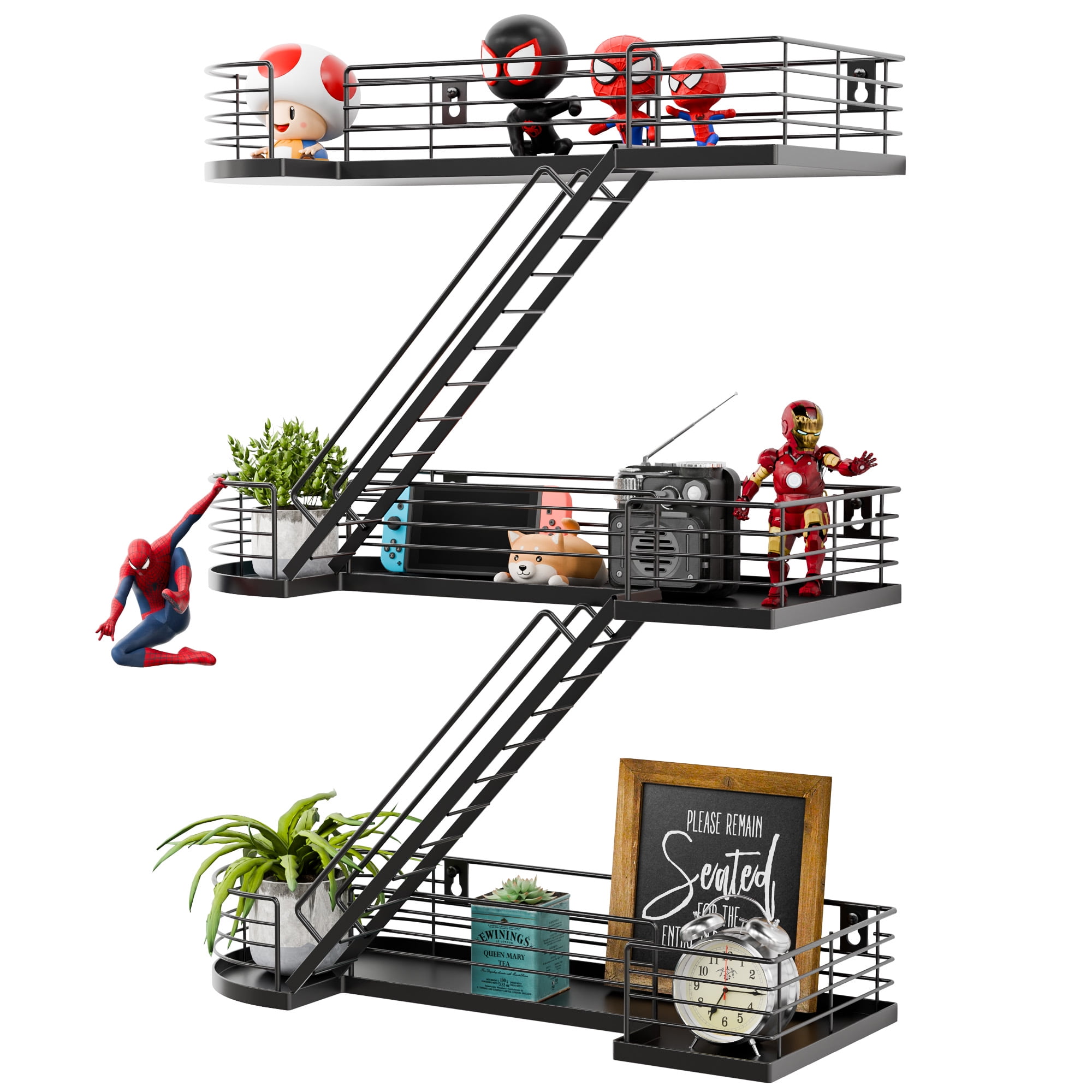 15 Inch Fire Escape Wall Shelf - Black Metal Decorative Shelves, Eye ...