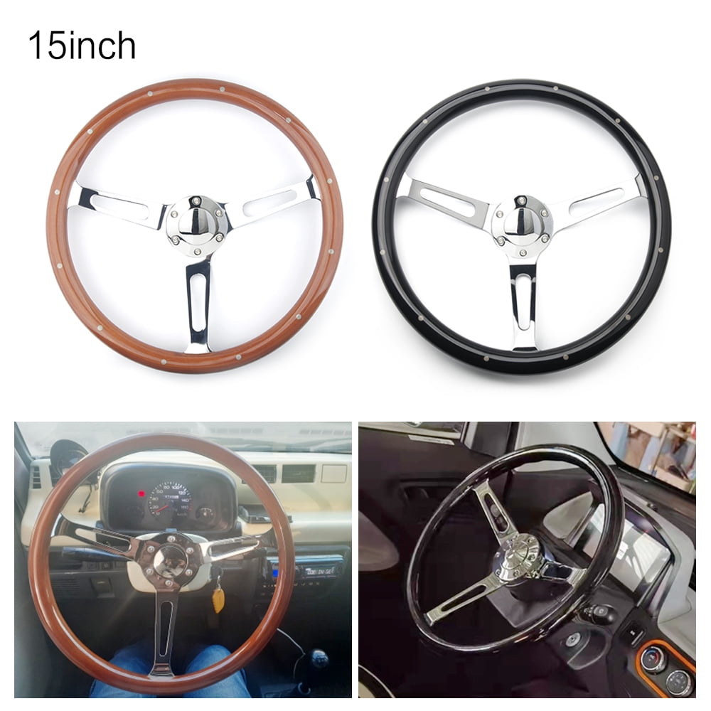 15 Inch Genuine Solid Wood Steering Wheel 380mm Long Hole Silver Chrome ...