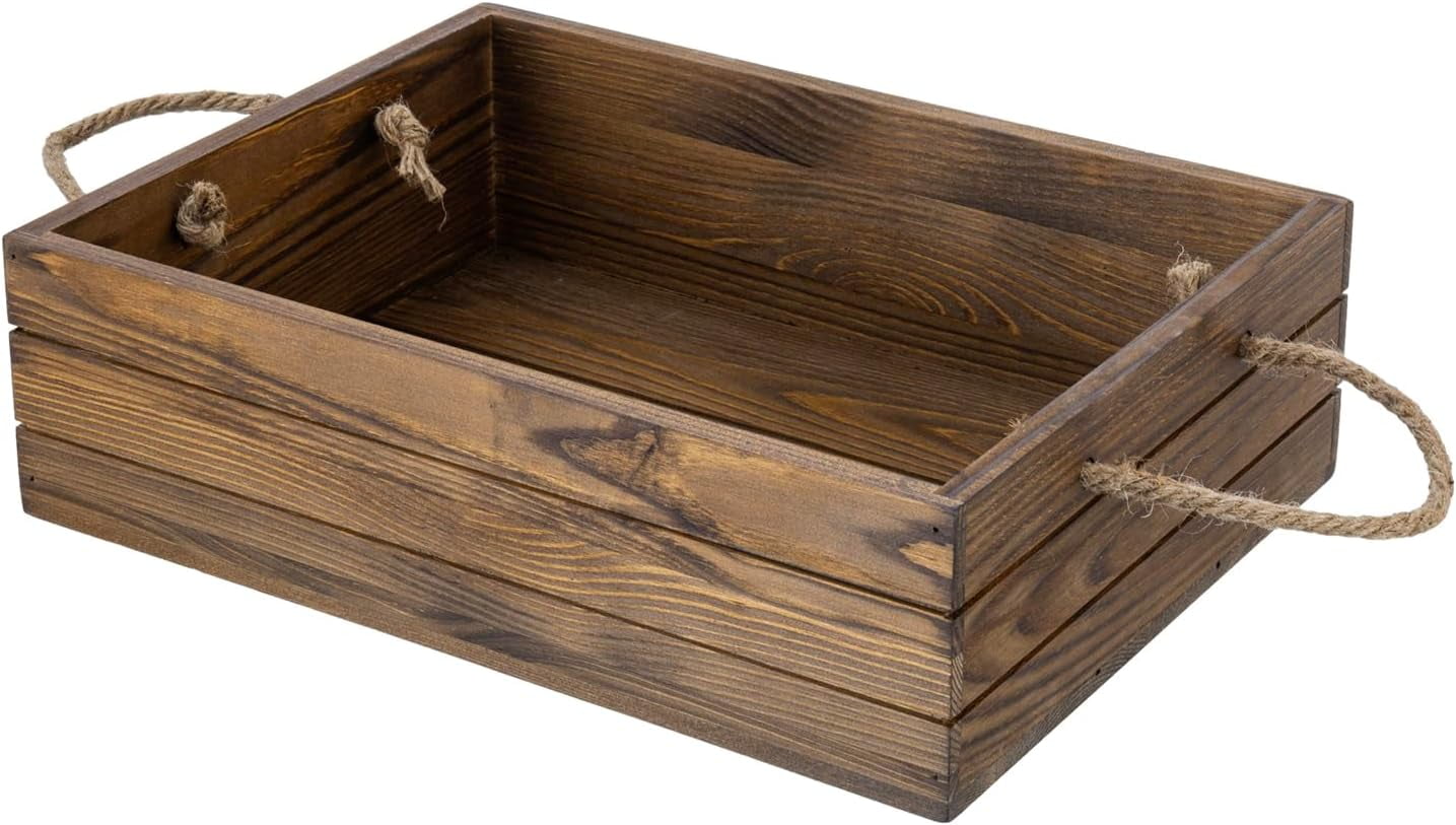 15 Inch Large Rustic Brown Solid Wood Decorative Storage Box with Rope ...