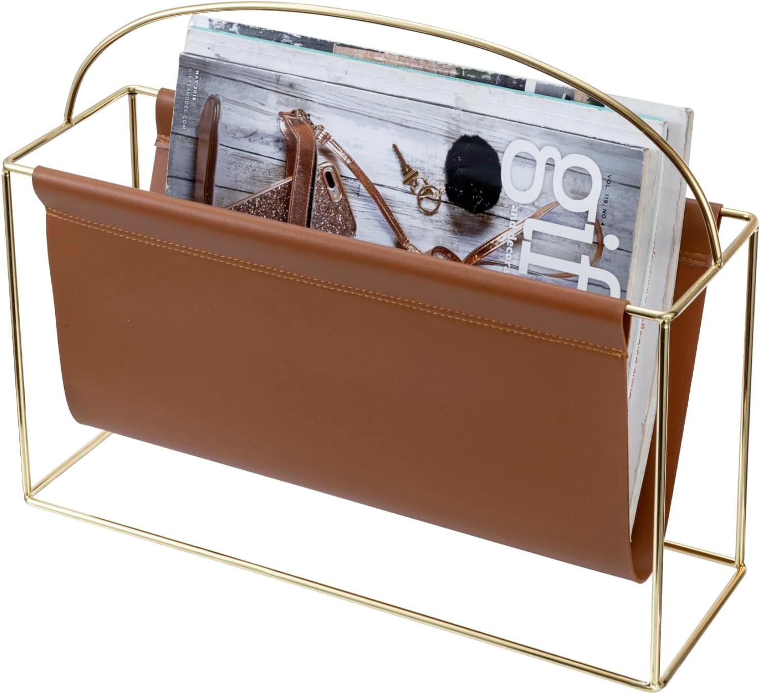 15 Inch Mid Century Modern Magazine Holder with Brass Tone Metal Frame ...