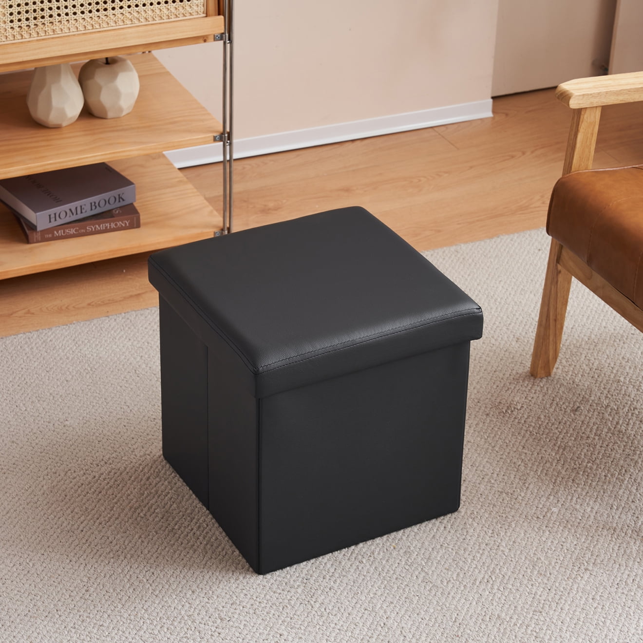 15-Inch Modern Glossy PVC Folding Storage Footstool, Soft Padded ...