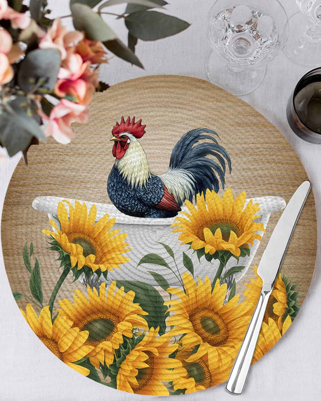 15 Inch Round Placemats Set of 4, Bathing Roosters Non Slip Heat ...