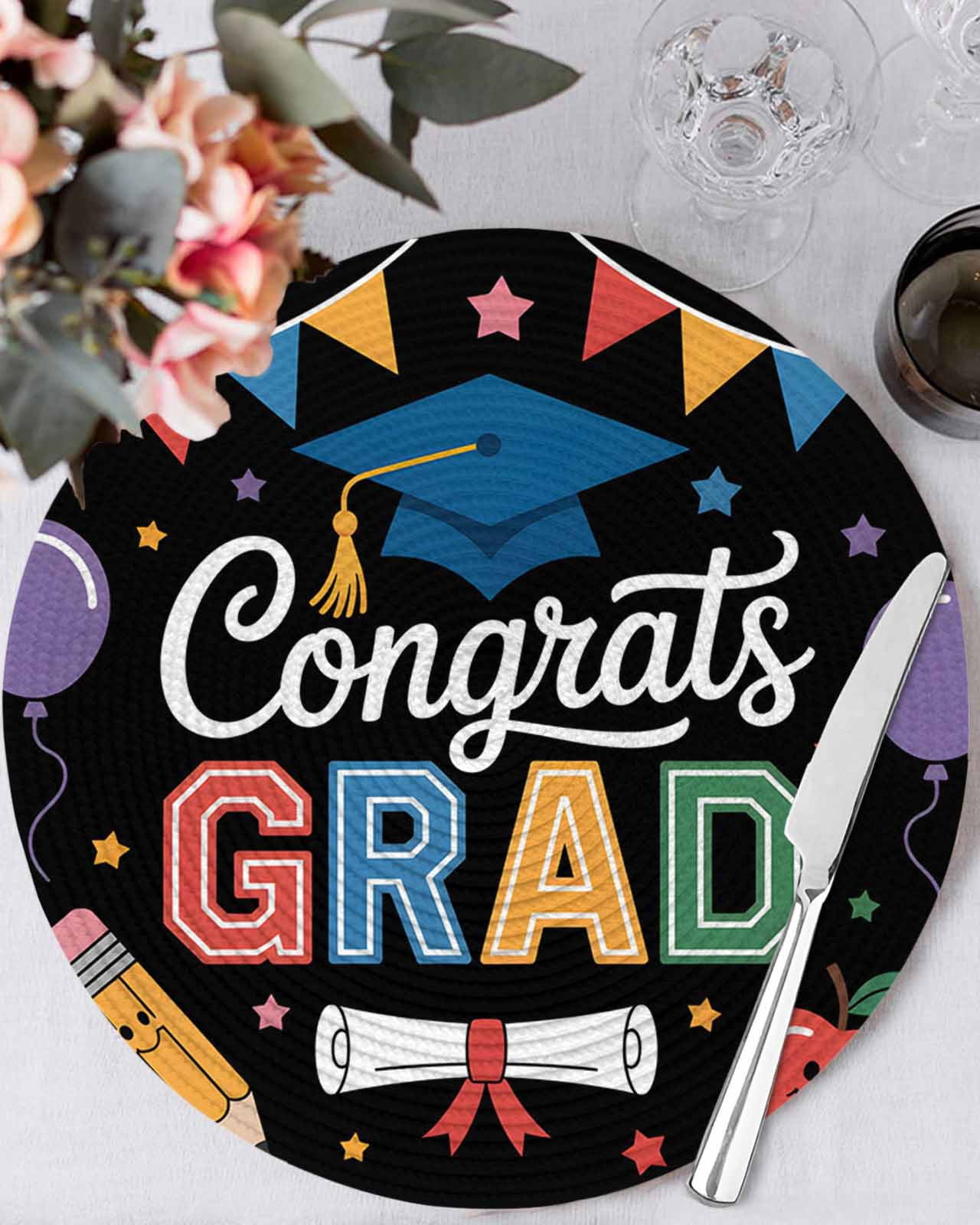 15 Inch Round Placemats Set of 4, Colorful Graduation Non Slip Heat ...