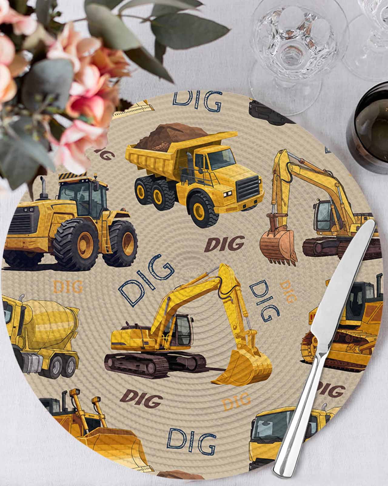 15 Inch Round Placemats Set of 4, Construction Truck Non Slip Heat ...