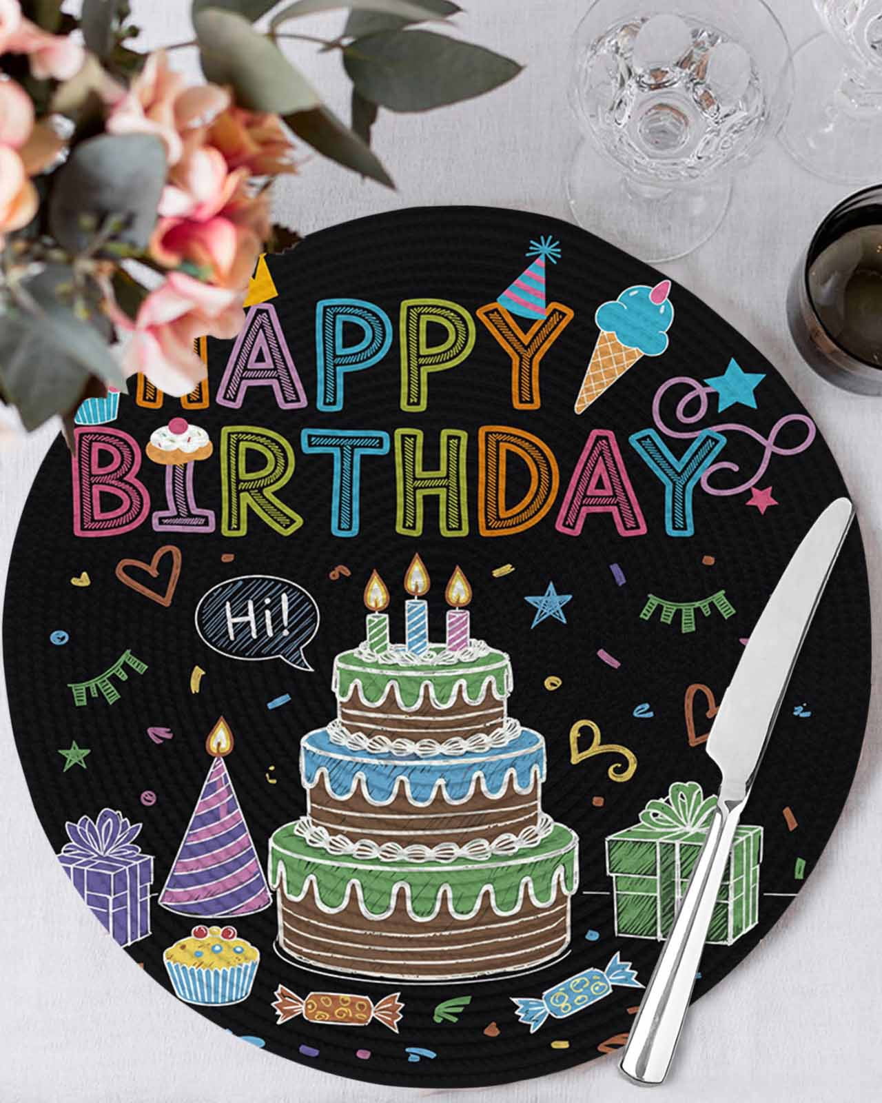 15 Inch Round Placemats Set of 4, HAPPY BIRTHDAY Non Slip Heat ...