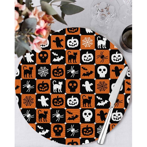 15 Inch Round Placemats Set of 4, Halloween Checkered Non Slip Heat ...