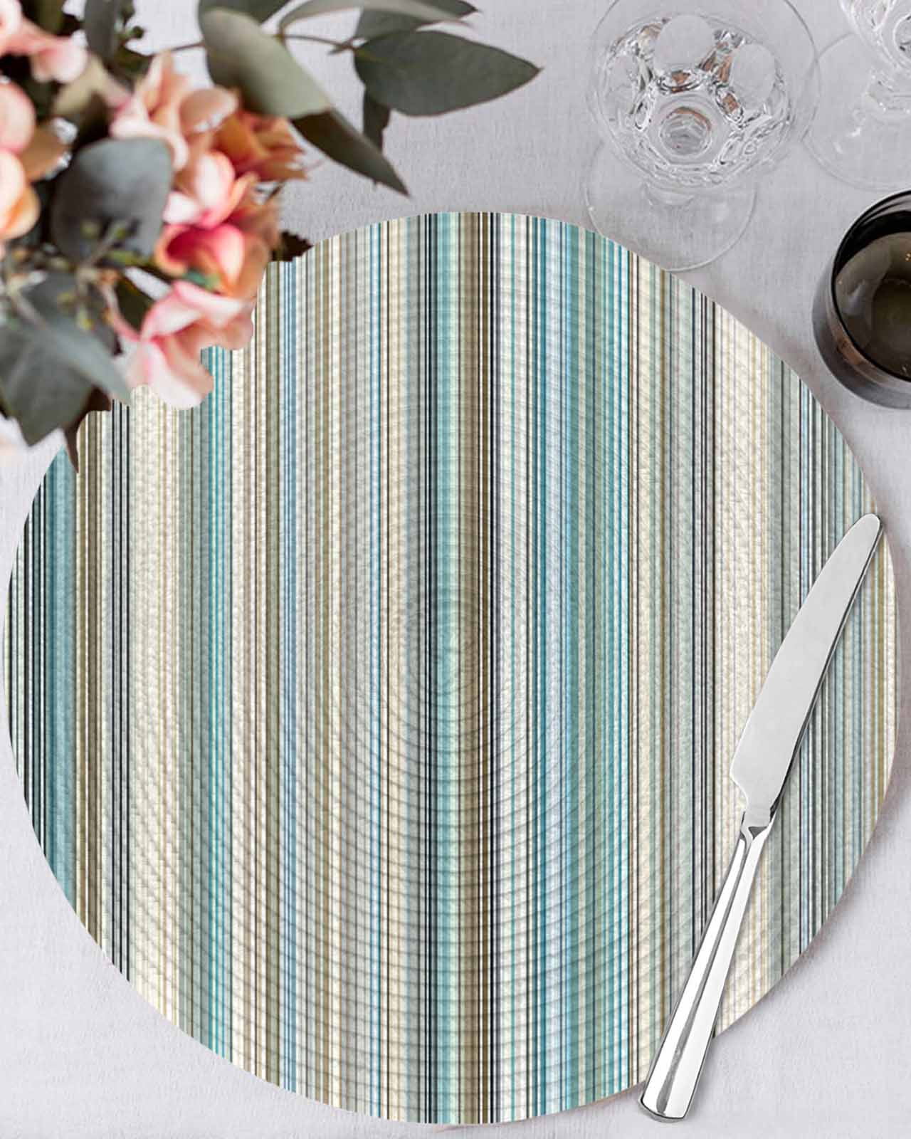 15 Inch Round Placemats Set of 4, Light Blue Striped Non Slip Heat ...