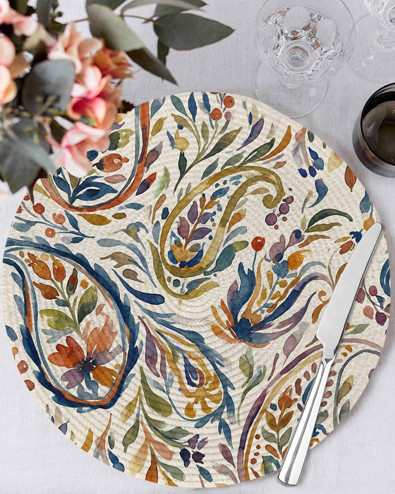 15 Inch Round Placemats Set of 4, Paisley Flower Non Slip Heat ...