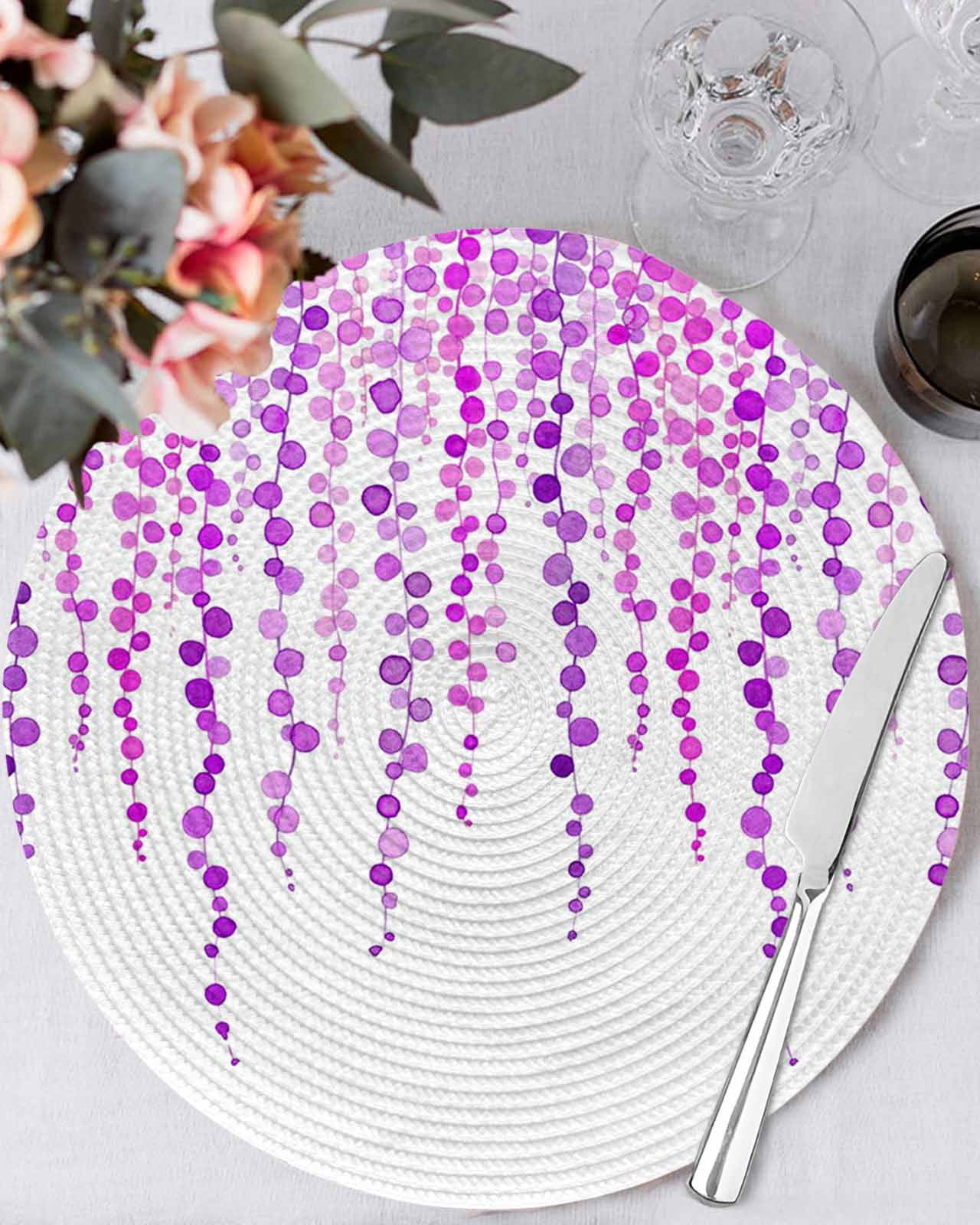 15 Inch Round Placemats Set of 4, Purple Polka Dots Non Slip Heat ...