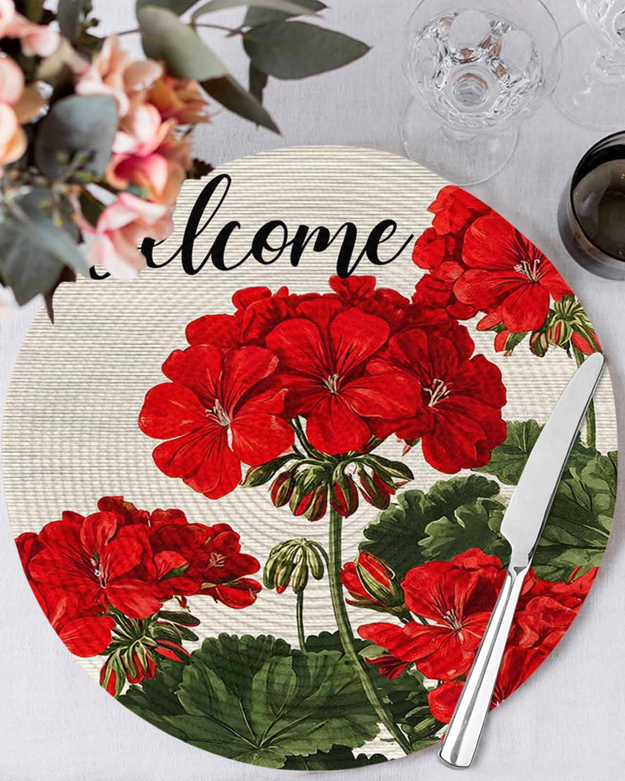 15 Inch Round Placemats Set of 4, Red Floral Non Slip Heat Insulation ...