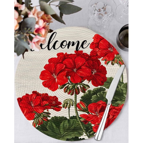 15 Inch Round Placemats Set of 4, Red Floral Non Slip Heat Insulation ...