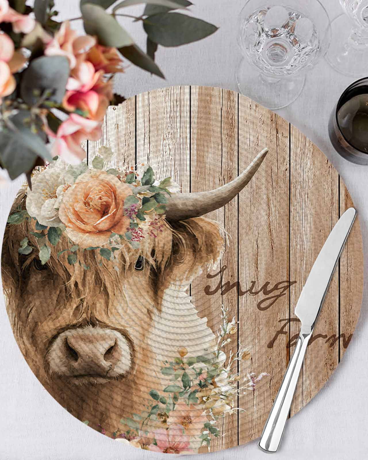 15 Inch Round Placemats Set of 4, Spring Cow Floral Non Slip Heat ...
