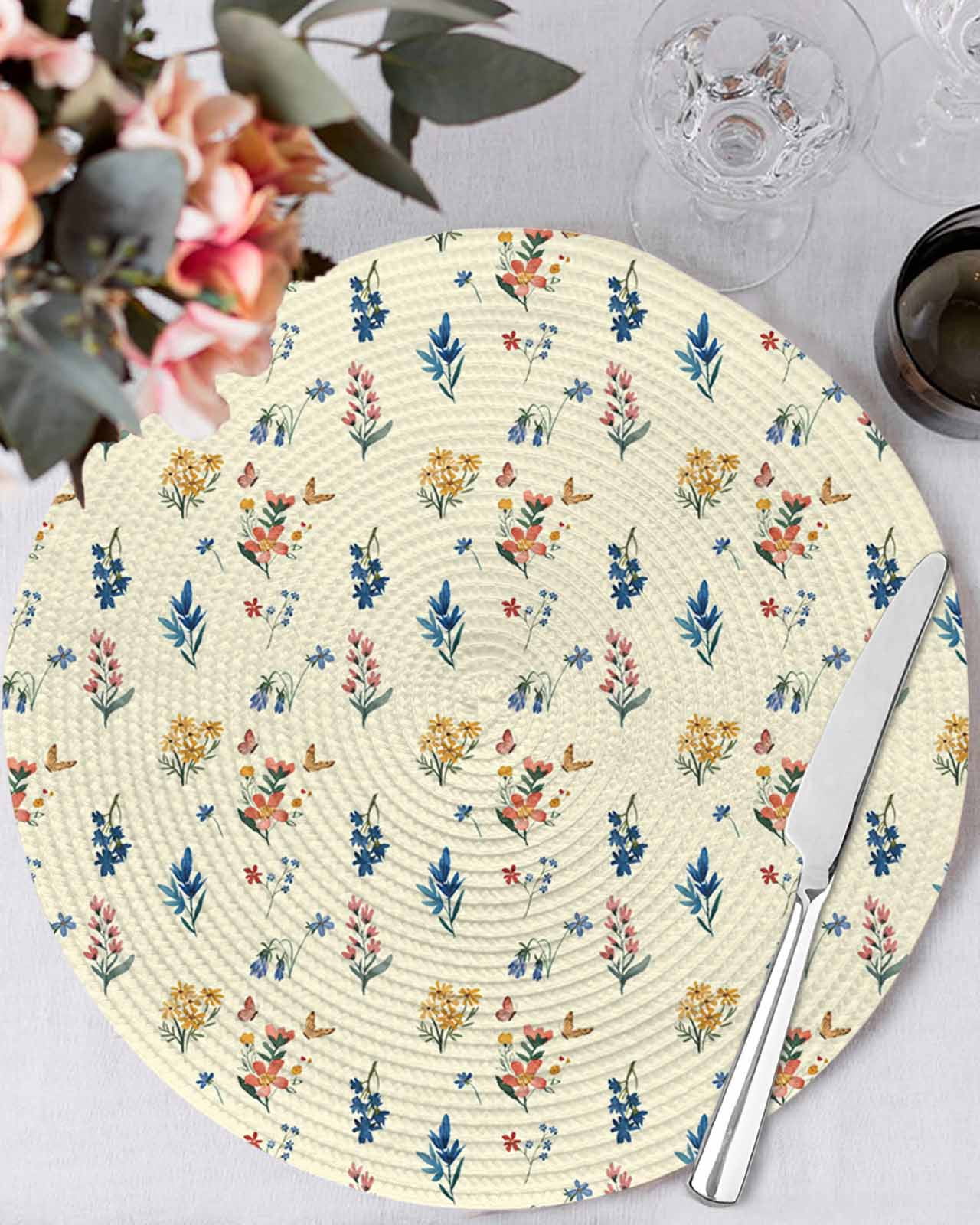15 Inch Round Placemats Set of 4, Watercolor Flowers Non Slip Heat ...